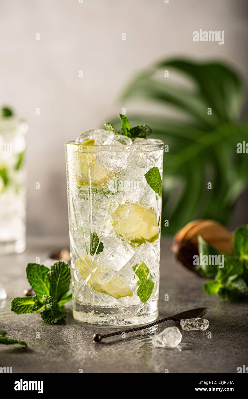 Mojito cocktail with lime and mint Stock Photo - Alamy