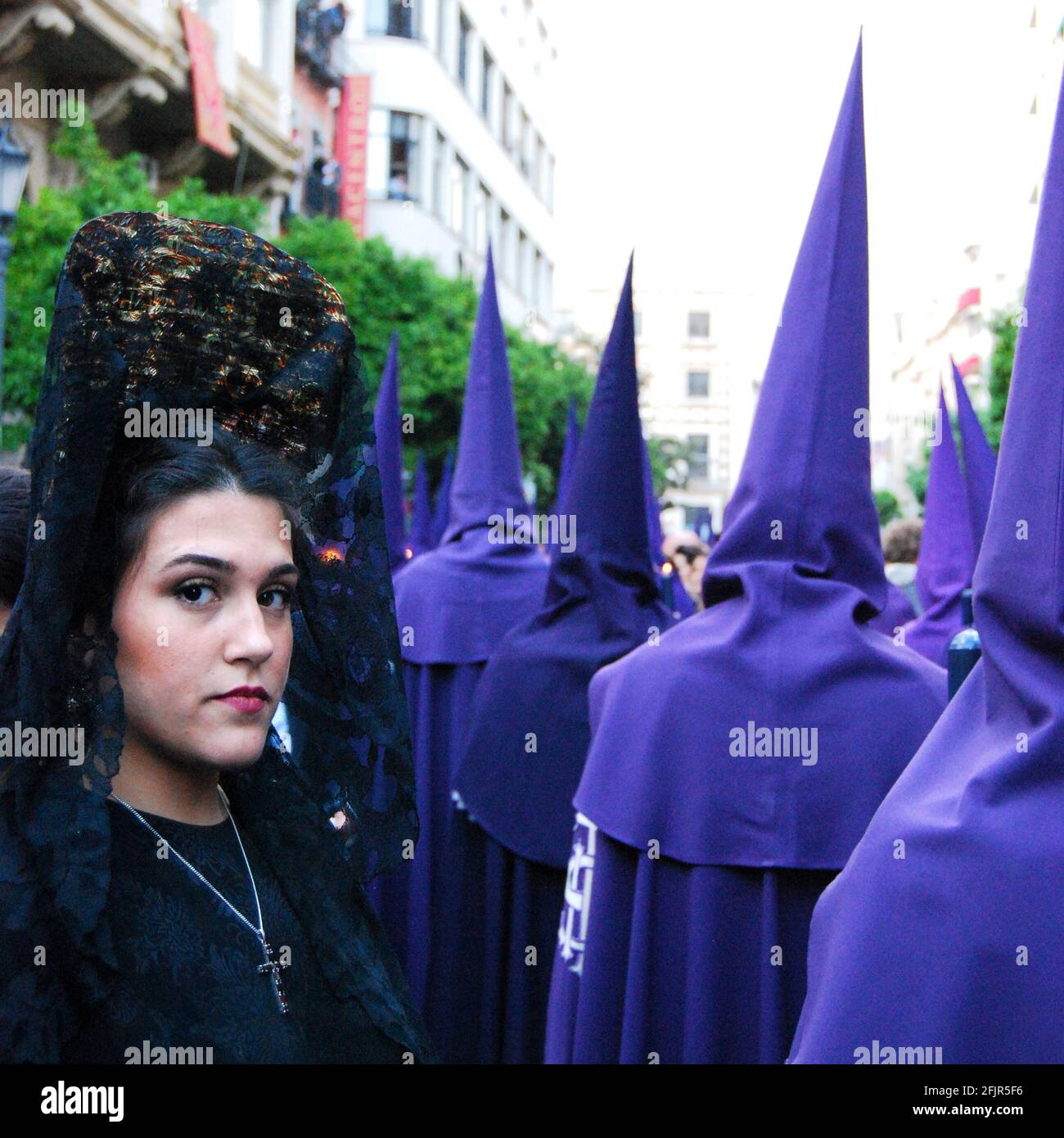 Seville Spain - Holy Week. Girl with mantilla during the Good Friday ...