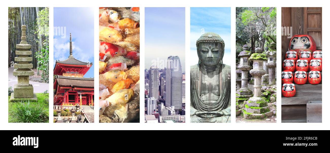 Set of vertical banners with landmarks of Japan. Skyscrapers in Tokyo ...