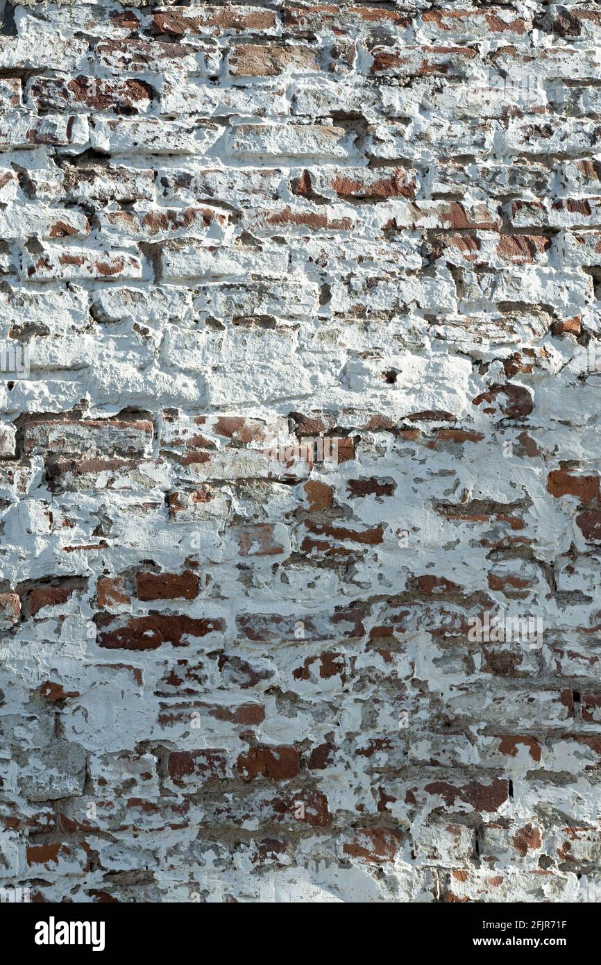 A whitewashed grungy brick wall with the red bricks visible in places ...