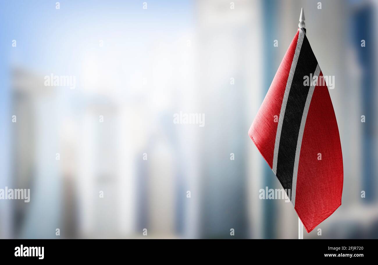 A small flag of Trinidad and Tobago on the background of a blurred ...