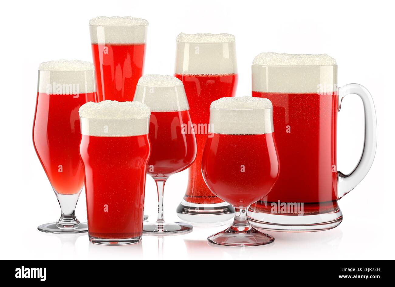 Set of fresh draft beer glasses with bubble froth isolated on white ...