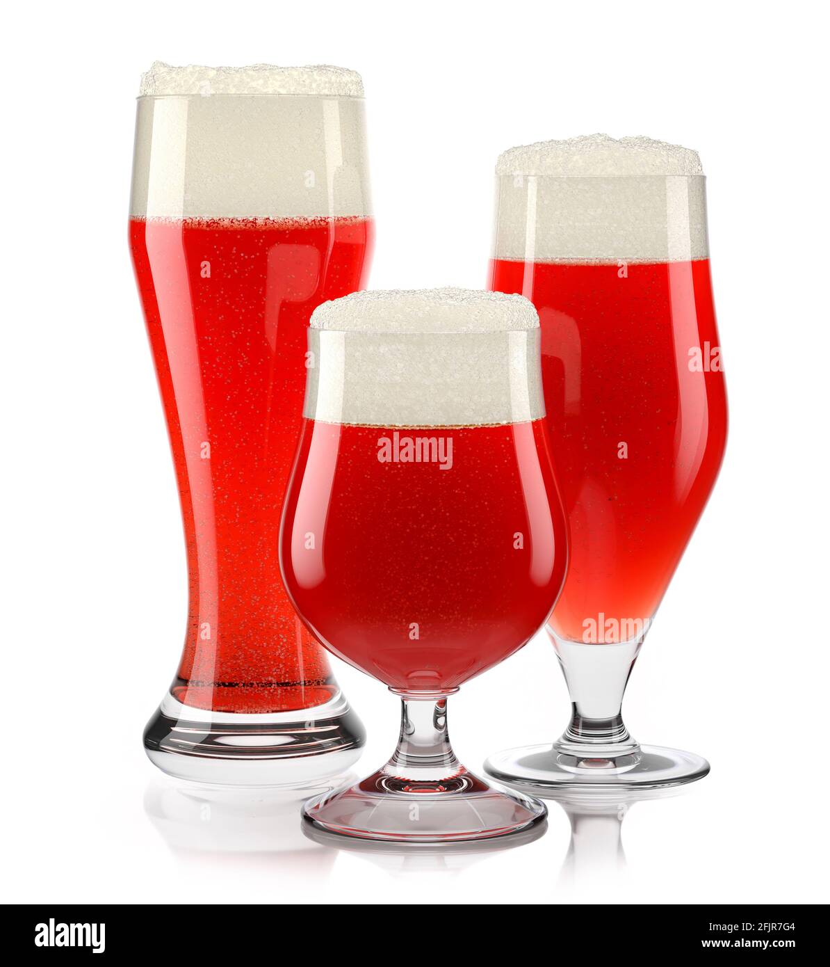 Set of fresh draft beer glasses with bubble froth isolated on white ...