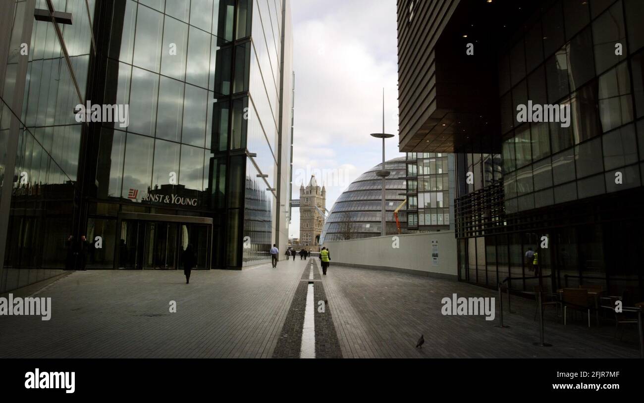 Modern glass buildings in and around the Tower Bridge area, London ...