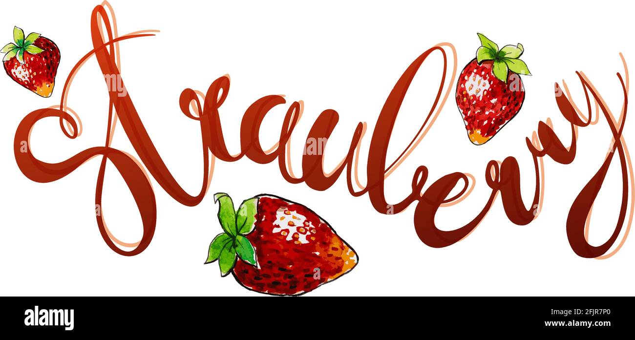 Strawberry Hand lettering typography. Usable for stickers, posters ...
