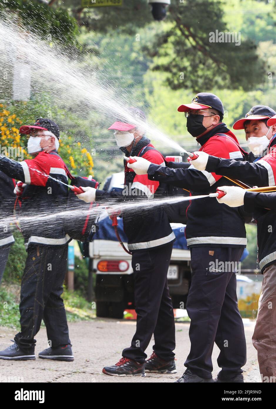 26th Apr, 2021. Forest fire drill Employees conduct a forest fire drill ...