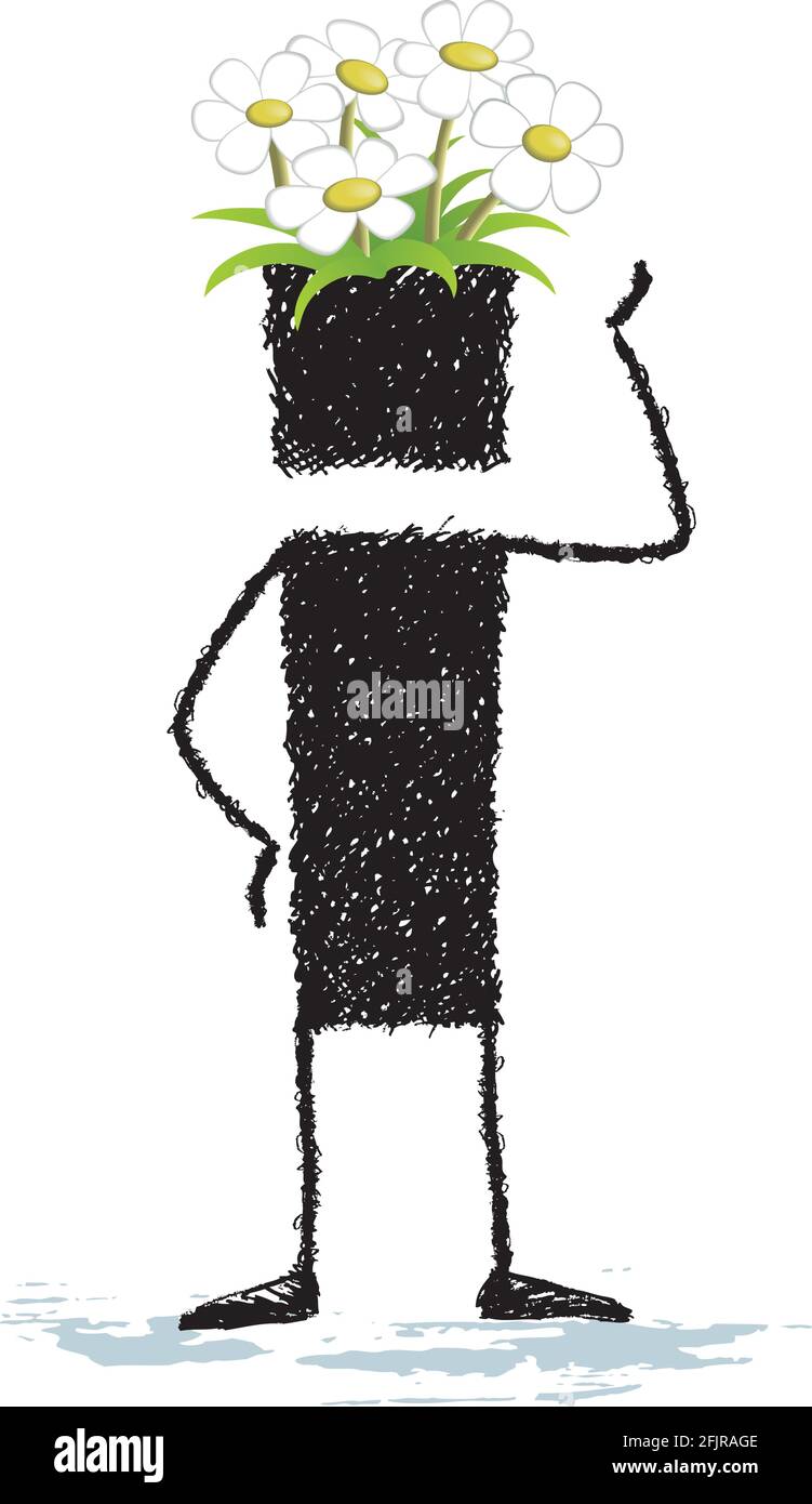 At the head of a stick figure grow flowers. An illustration on ...