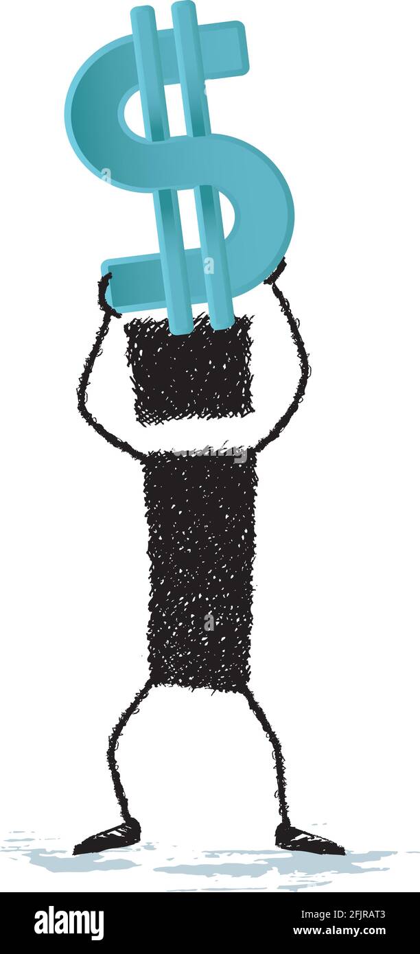 A stick figure raises above his head a large dollar symbol. It ...