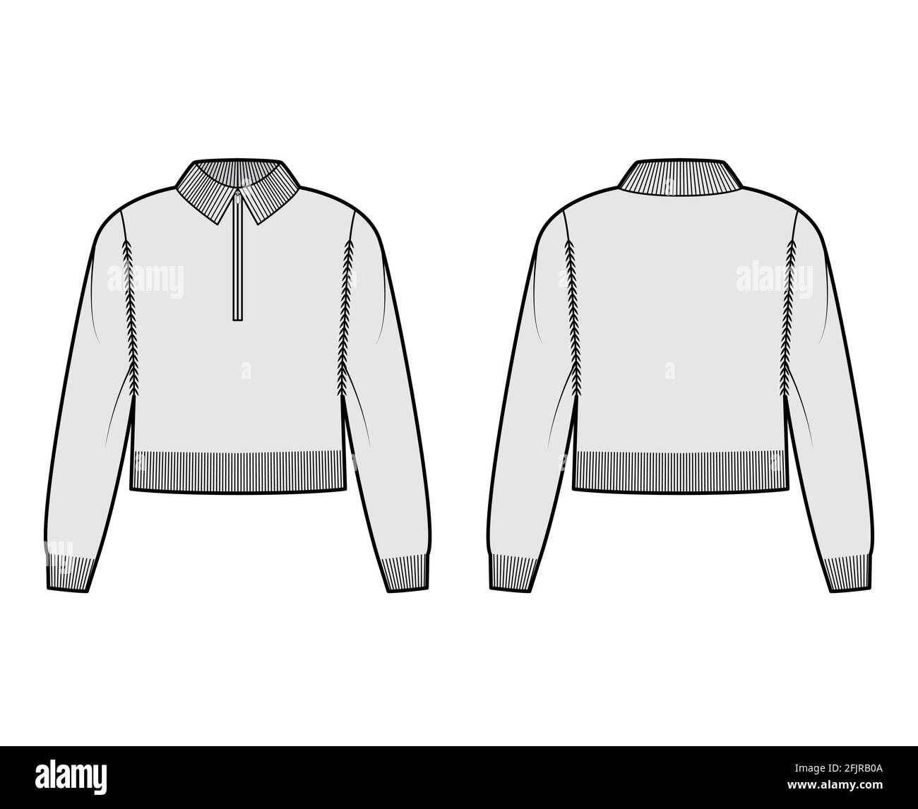 Cropped Zip-up Sweater technical fashion illustration with rib henley ...