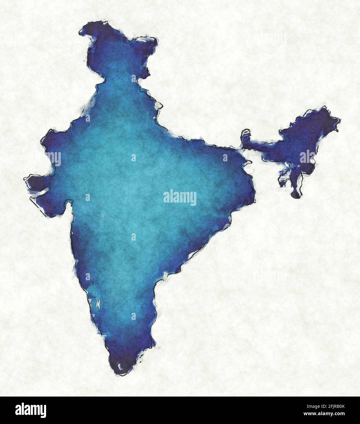 India map with drawn lines and blue watercolor illustration Stock Photo ...