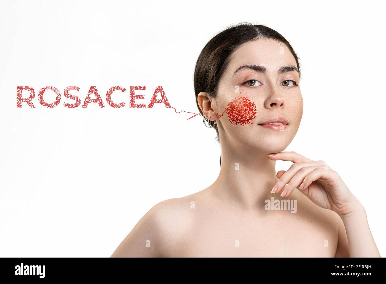 Portrait of a young beautiful woman with painted red cheeks. White ...