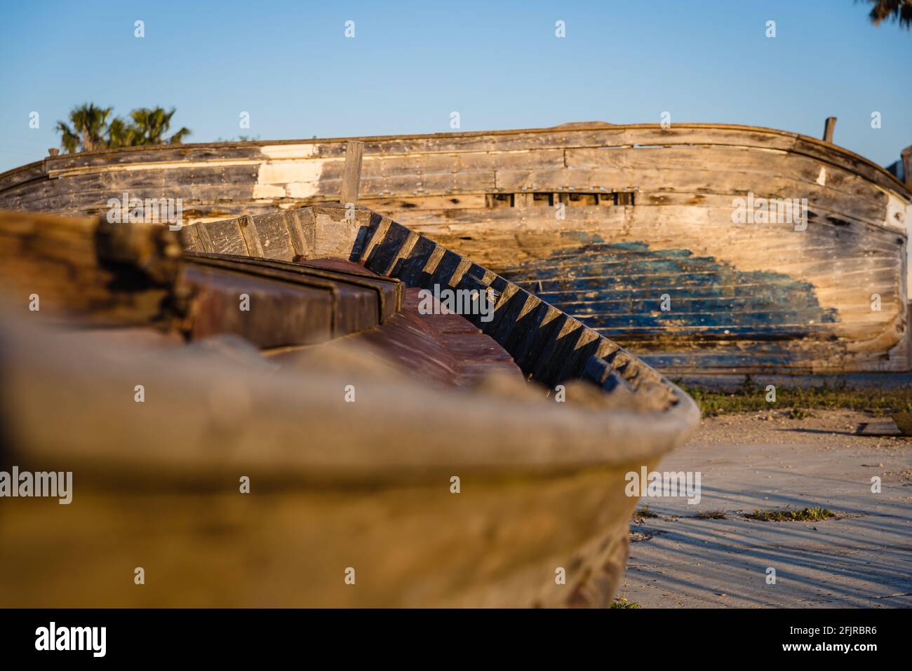 Detail of old wooden frame barges abandoned ashore Stock Photo - Alamy