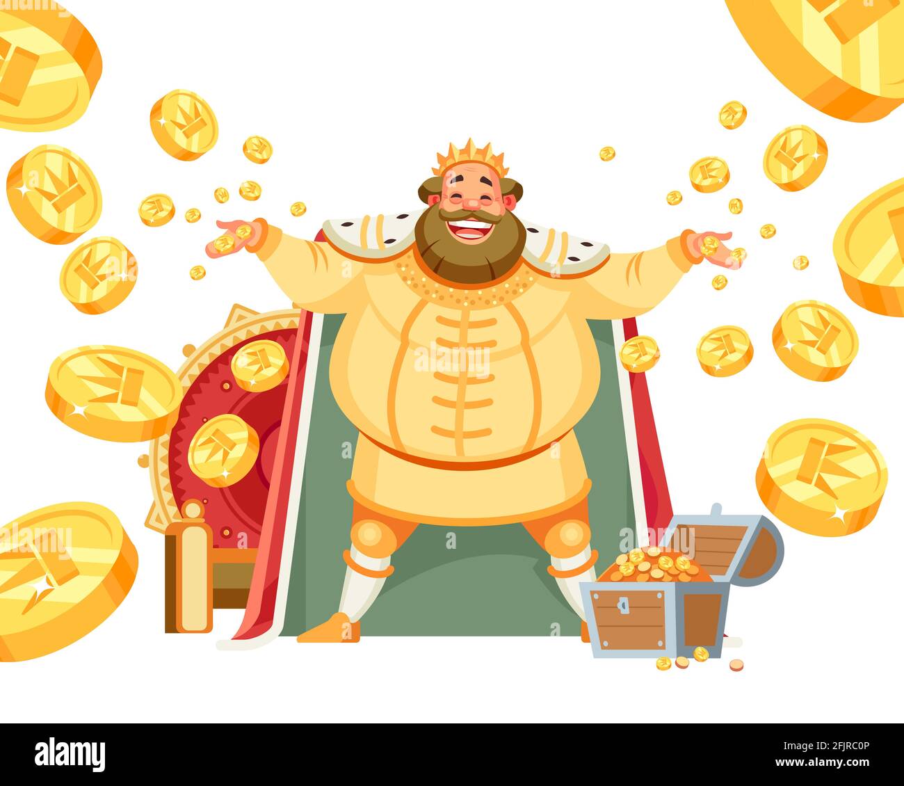 Celebrating happiness, Joyful king with a big smile throws gold ...