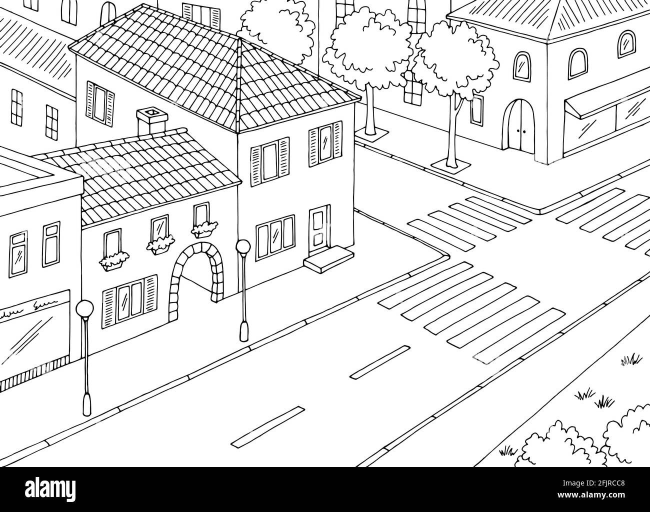 City street aerial view from above crossroad graphic black white sketch ...