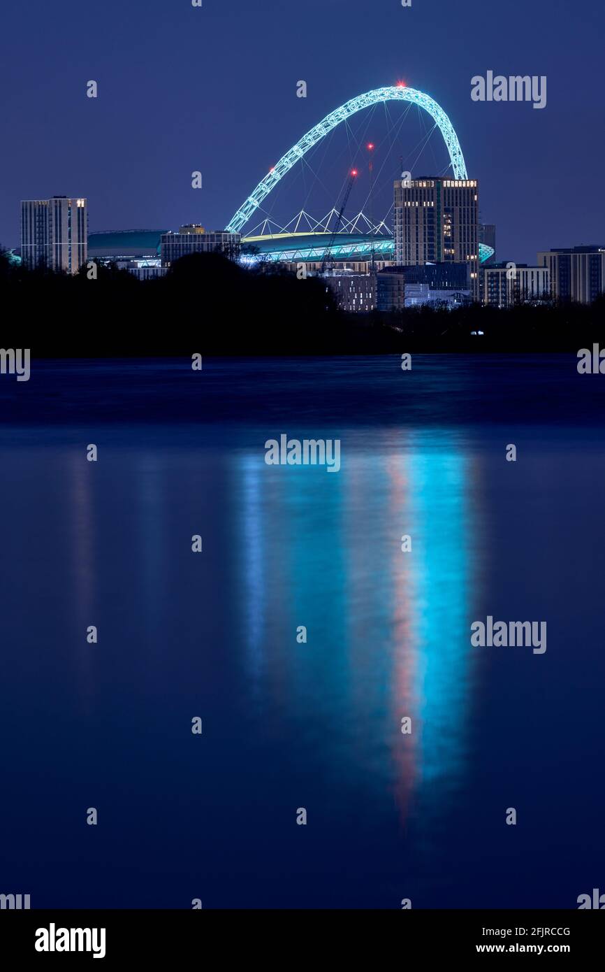A general view of Wembley stadium with the arch lit up at night, London ...
