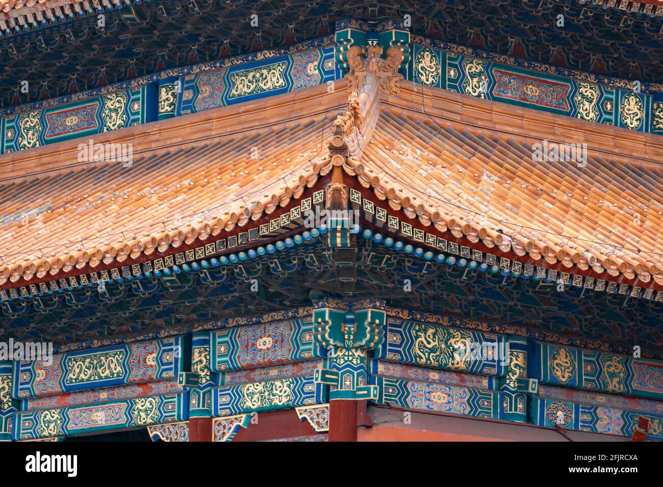 The ancient buildings with red wall, yellow or gray tile roof, door ...