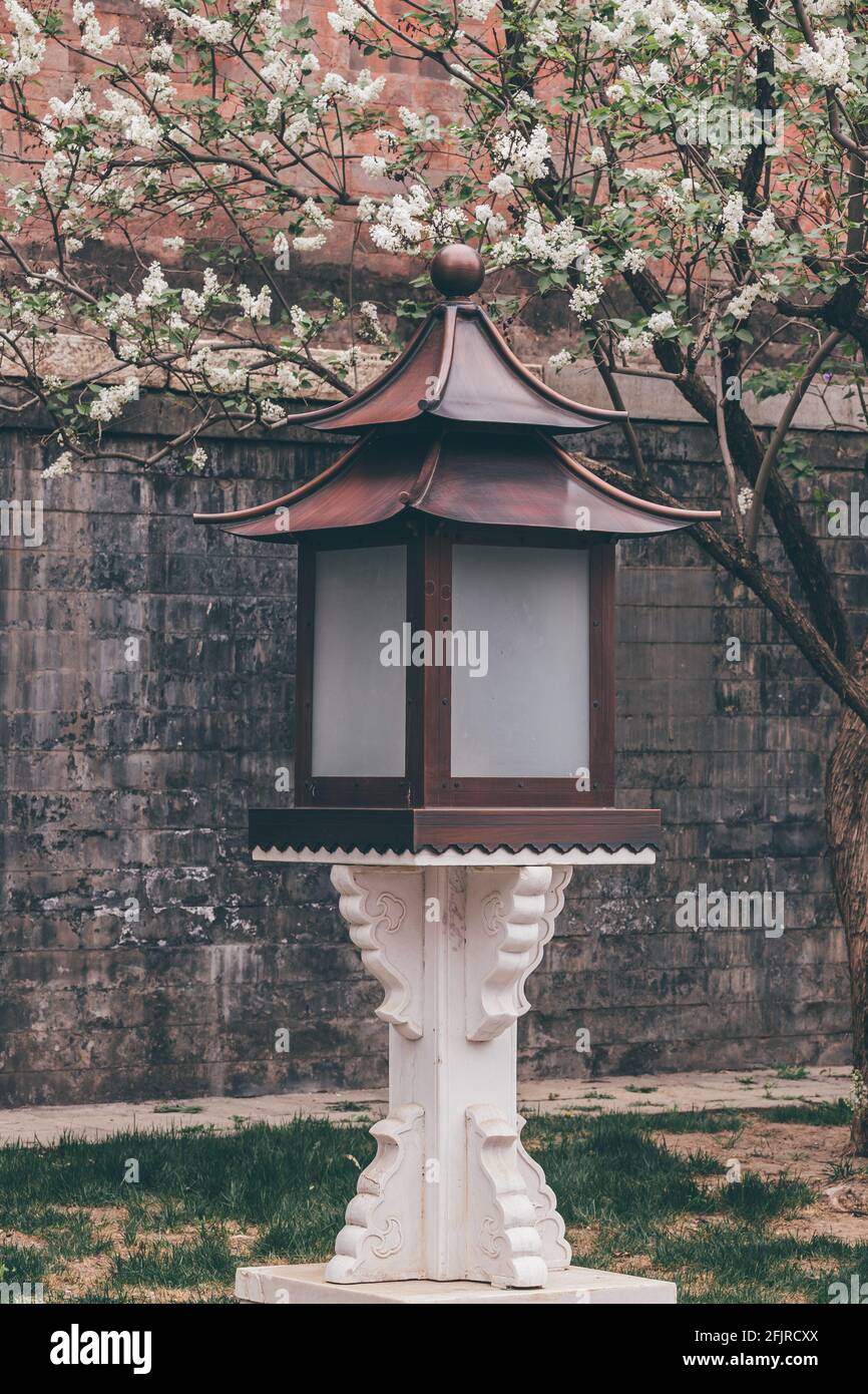 Lamp with red wall and spring flowers in the Forbidden City, Beijing ...