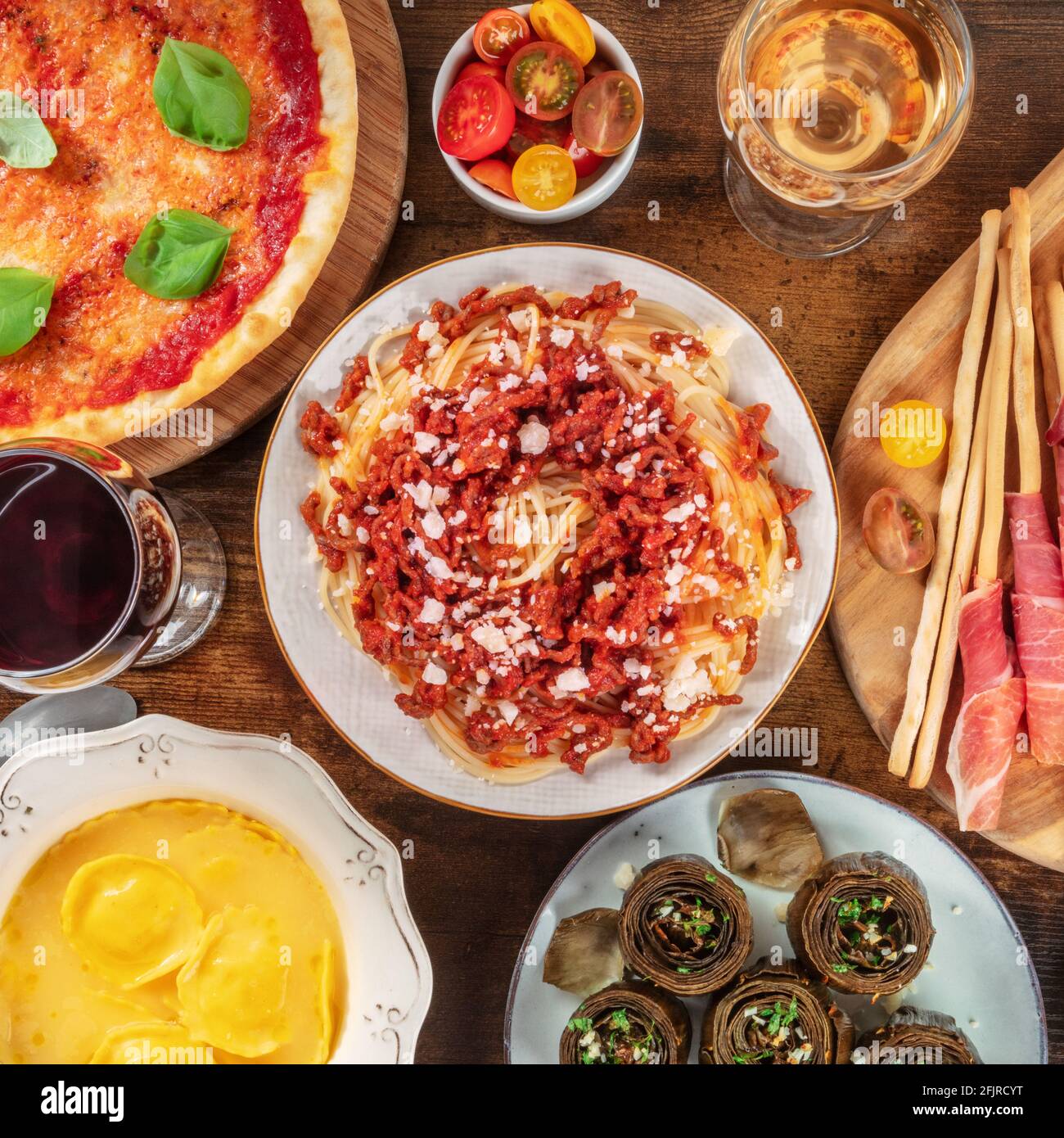 Italian food square banner with pasta Bolognese, artichokes, etc Stock ...