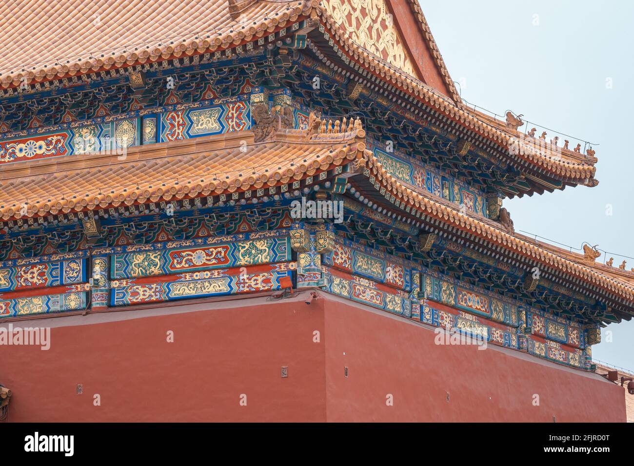 The ancient buildings with red wall, yellow or gray tile roof, door ...
