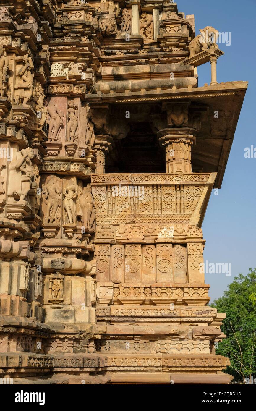 Detail of the Vamana Temple in Khajuraho, Madhya Pradesh, India. Forms ...
