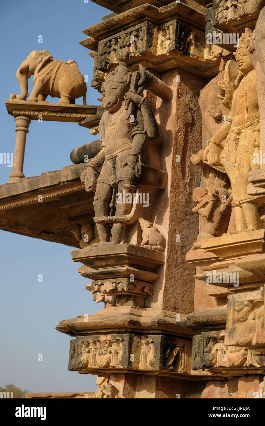 Detail of the Vamana Temple in Khajuraho, Madhya Pradesh, India. Forms ...