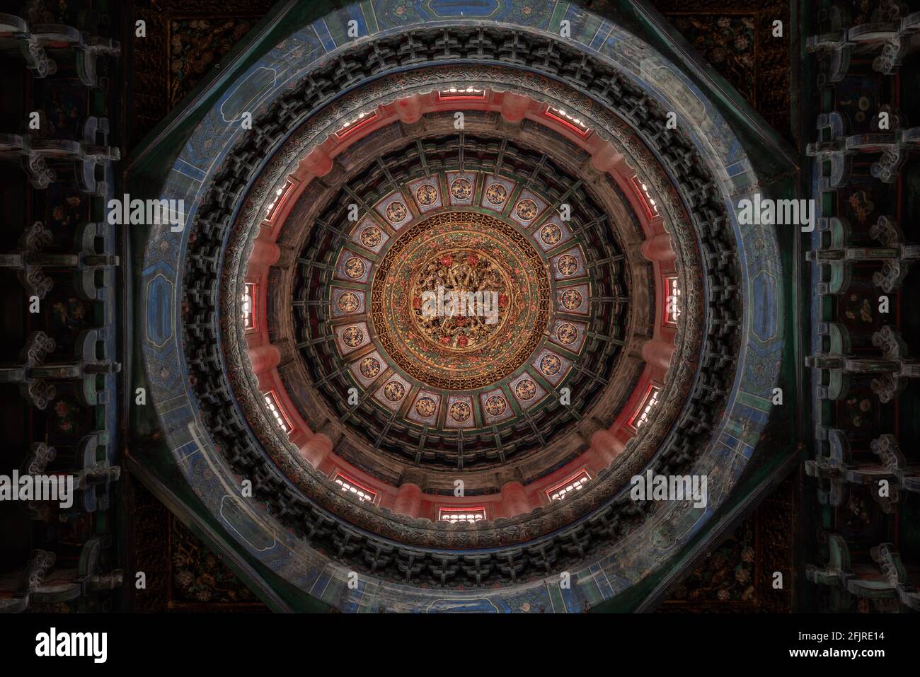 Caisson with golden dragon statue, ancient Asian architecture in the ...