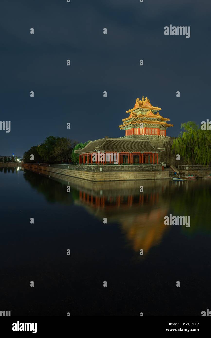 Night view of the Turret of Forbidden city in Beijing, China. The ...