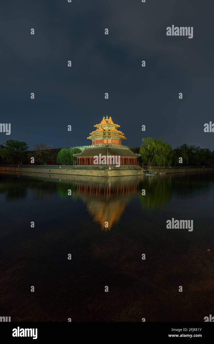 Night view of the Turret of Forbidden city in Beijing, China. The ...