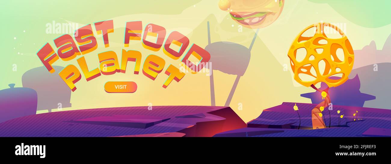 Fast food planet cartoon landing page with burger sphere over alien ...