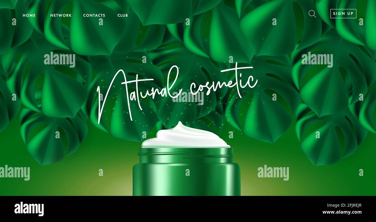 Green poster or web banner for natural cosmetics with open cream jar ...