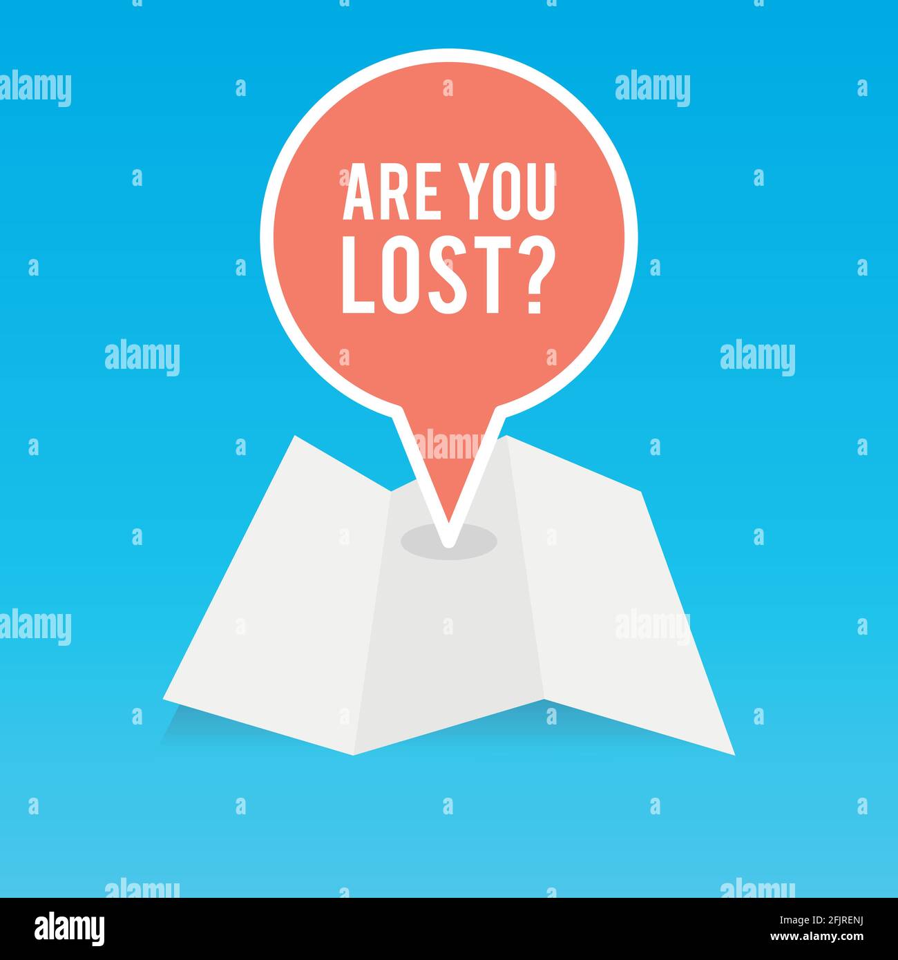 Folded map with a location pin with the text: 'Are you lost?'. Vector ...