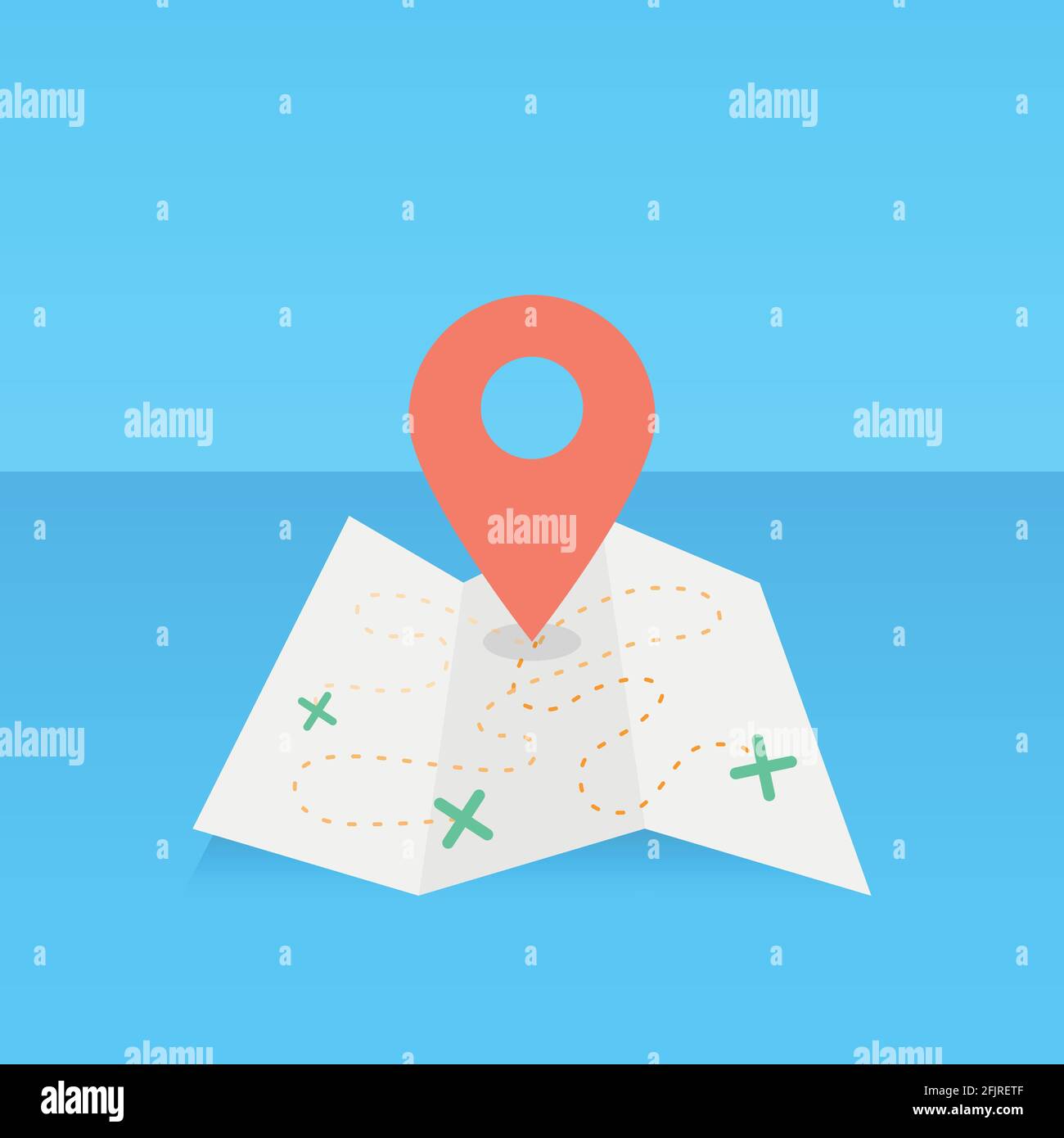 Folded map with a location pin. Concept of pointer, travel, position. Vector illustration, flat ...