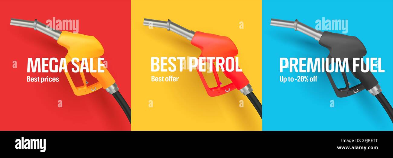 Set of web banners with bright 3d fuel or gas nozzle illustration in ...