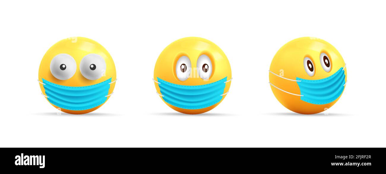 Set of yellow faces, 3d spheres with face mask, coronovirus smiley ...