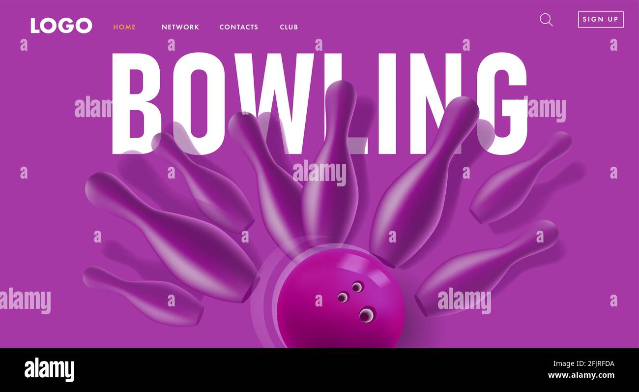 Modern web banner or poster with violet monochrome 3d bowling pins hit ...