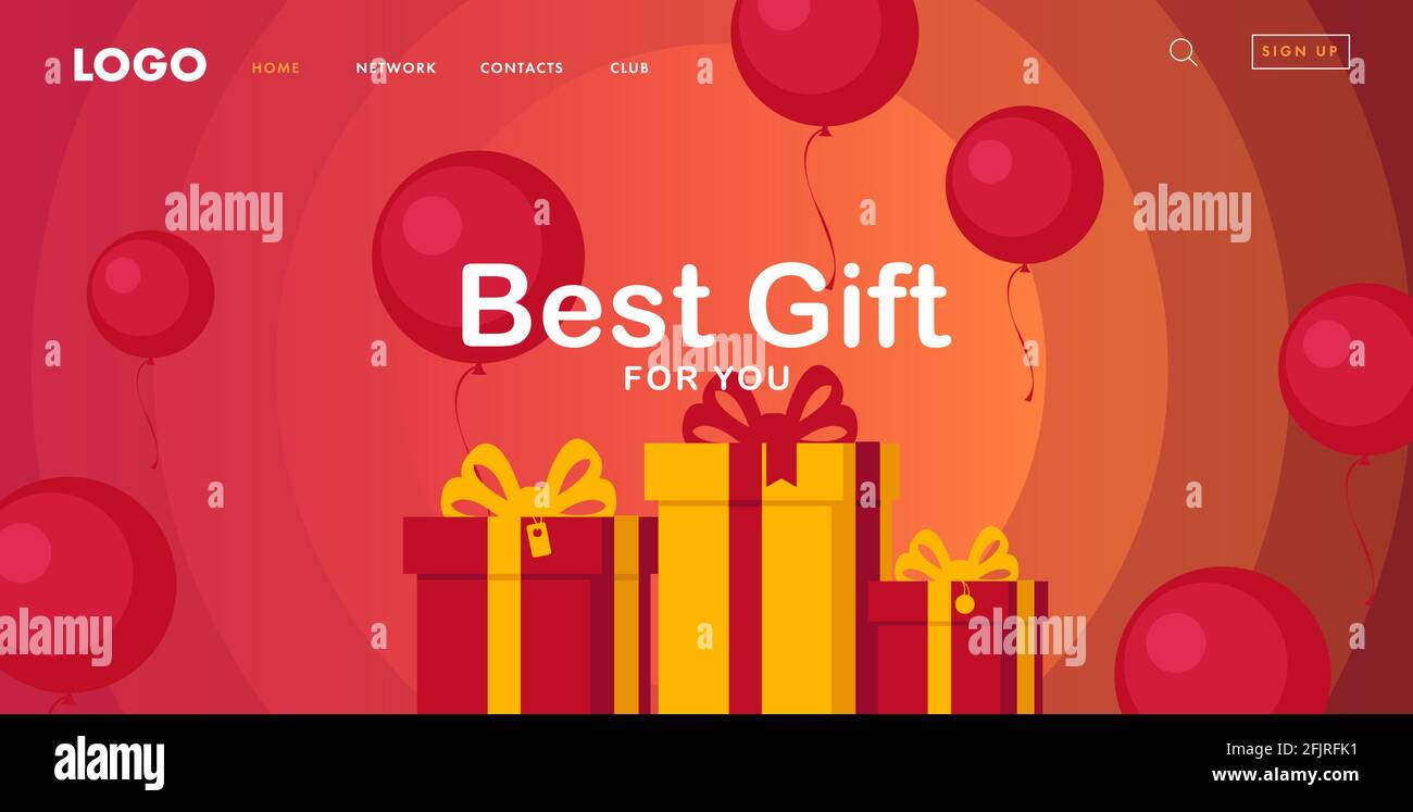 Promo banner for landing page with gift boxes and round red balloons ...
