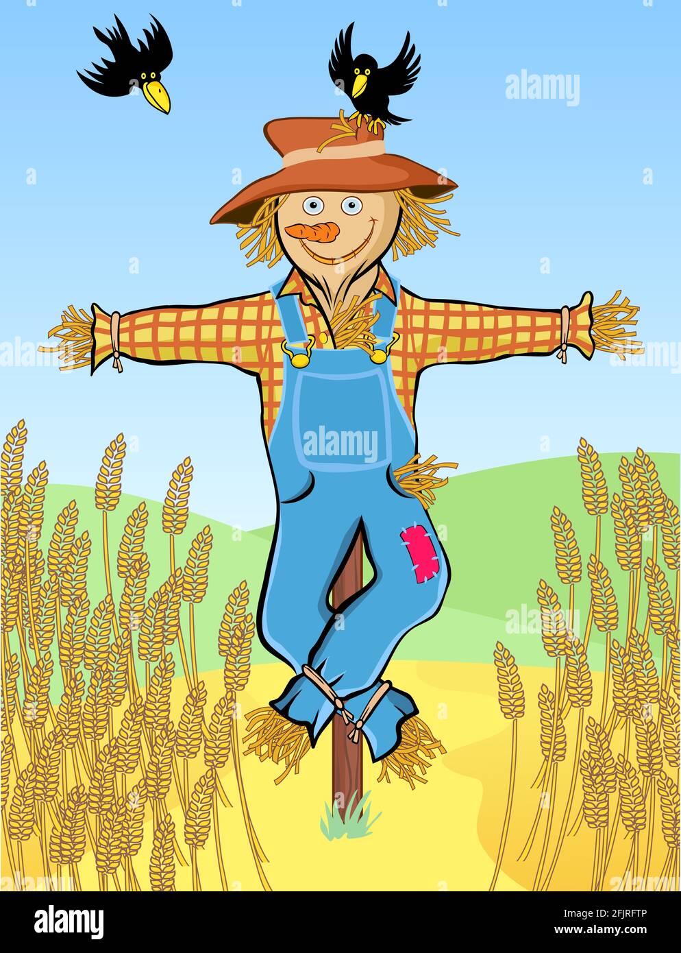 Scarecrow Cartoon with Crows in a field of corn Stock Photo - Alamy