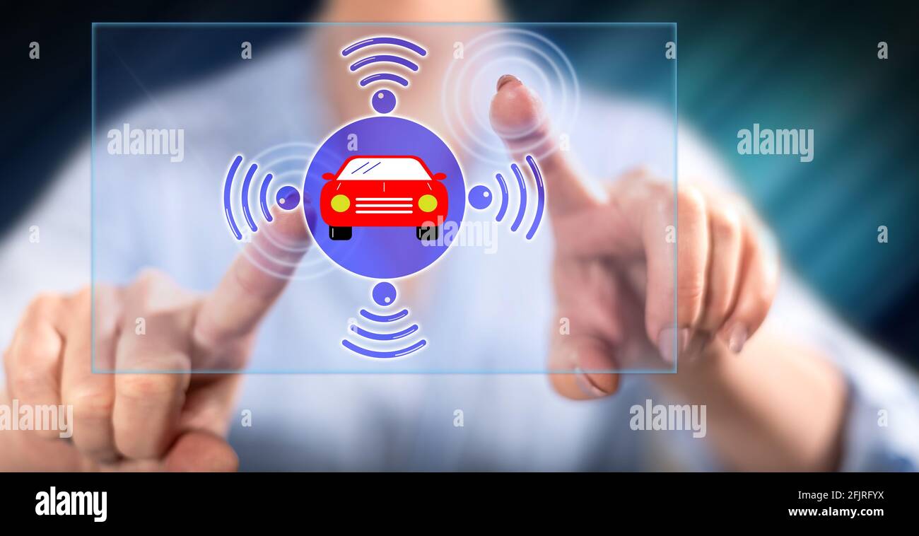 Woman touching a smart car concept on a touch screen with her fingers ...