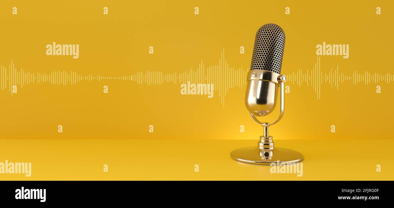 Gold microphone and sound wave on yellow background panoramic. Podcast ...