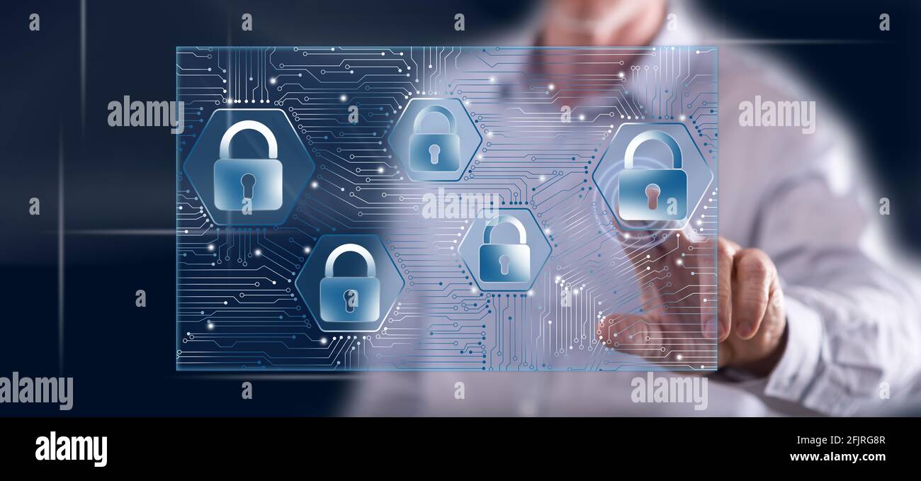 Man touching a data security concept on a touch screen with his finger ...