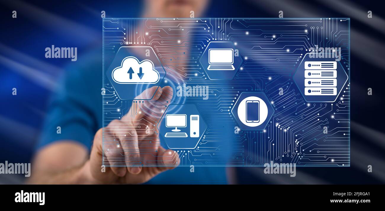 Man touching a computer network concept on a touch screen with his ...