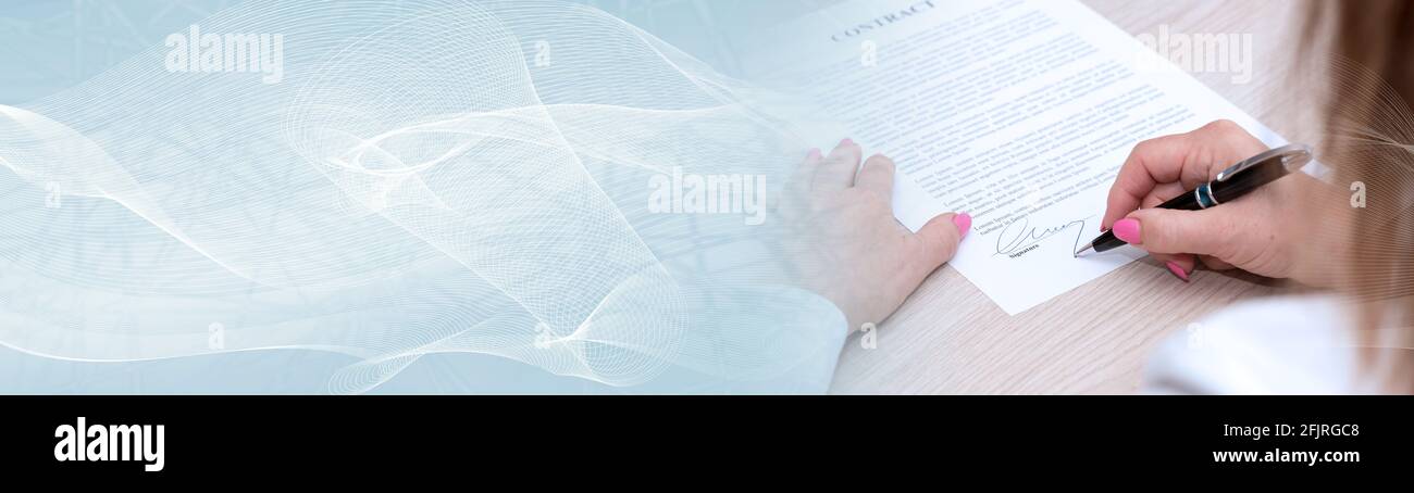 Woman signing a legal document; panoramic banner Stock Photo - Alamy