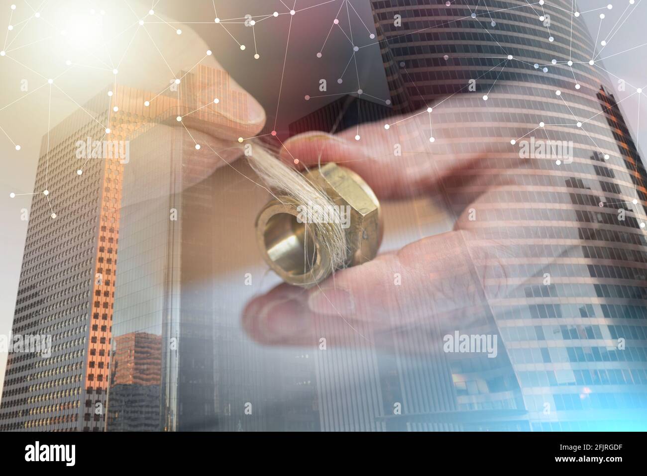 Plumber preparing fitting sealing with hemp fibers; multiple exposure ...