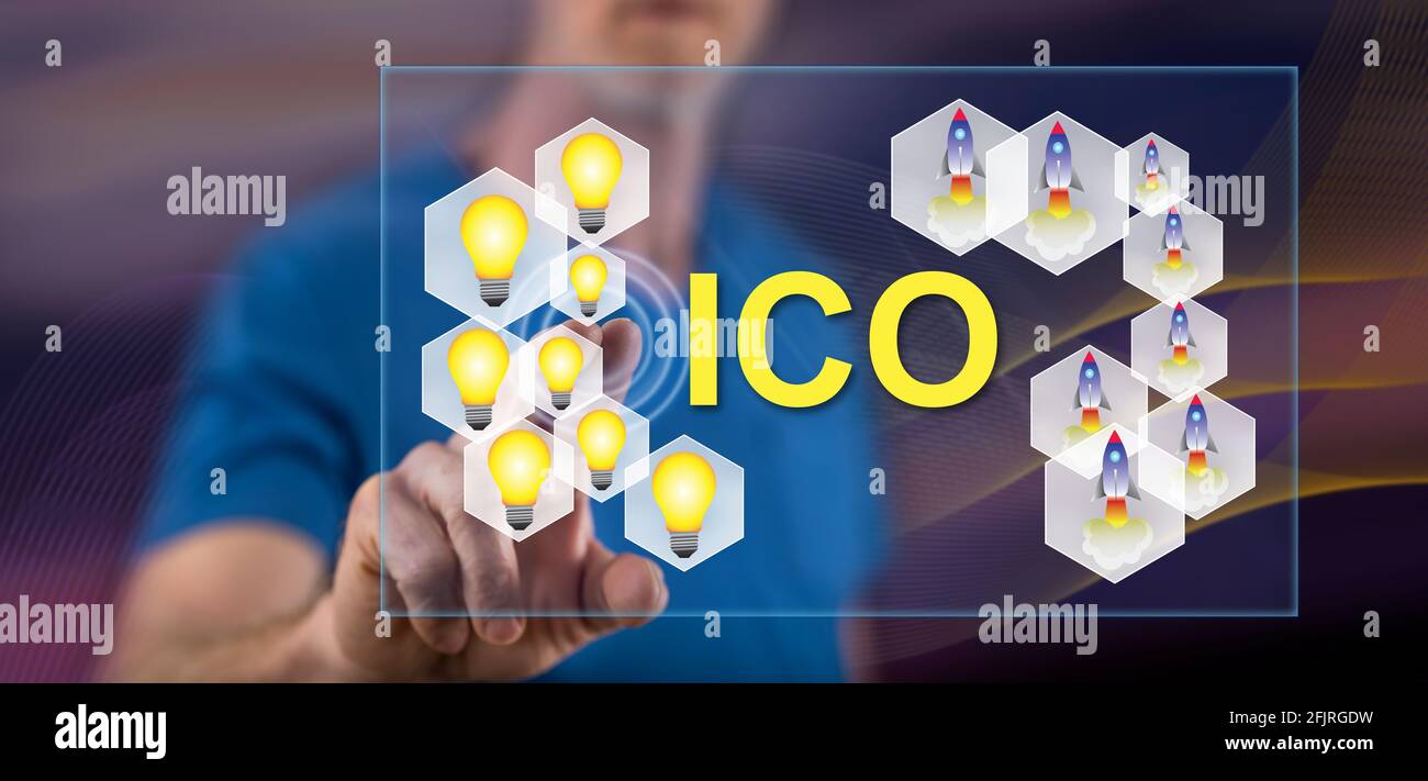 Man touching an ico concept on a touch screen with his finger Stock ...