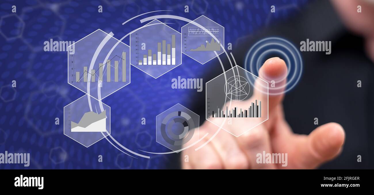 Man touching a data analysis concept on a touch screen with his finger ...