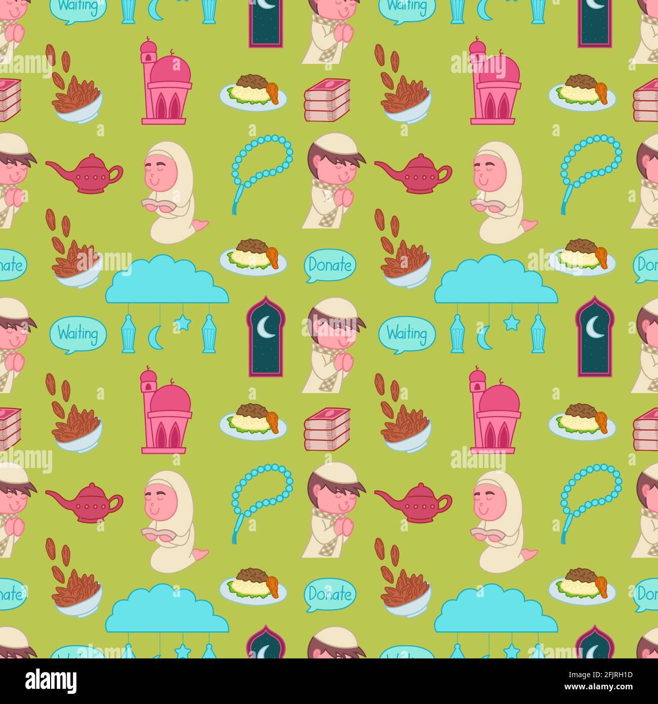 Ramadan stickers and seamless cartoon patterns in the green background ...