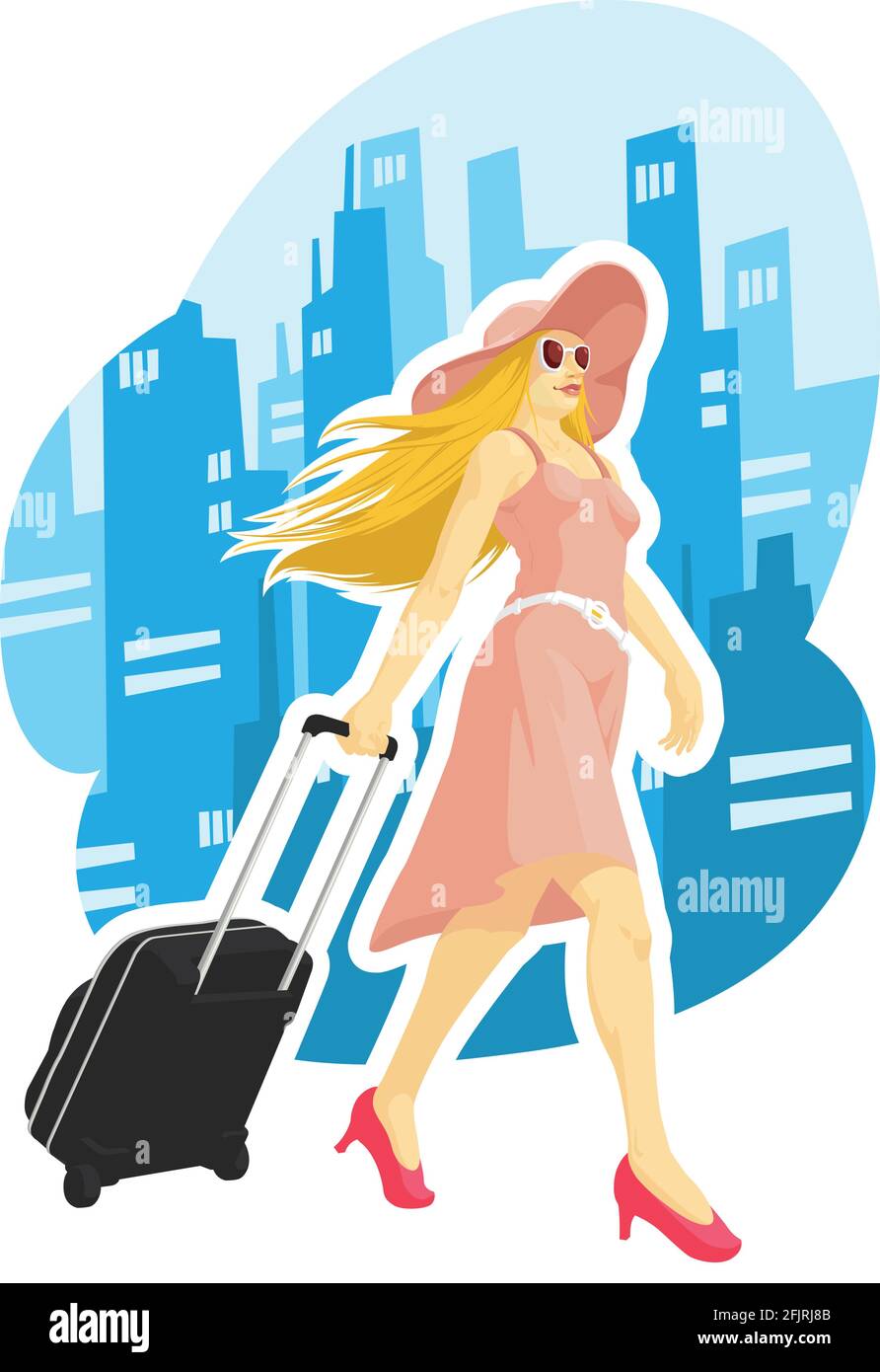 Woman Tourist Travelling City Destination Cartoon Illustration Drawing ...
