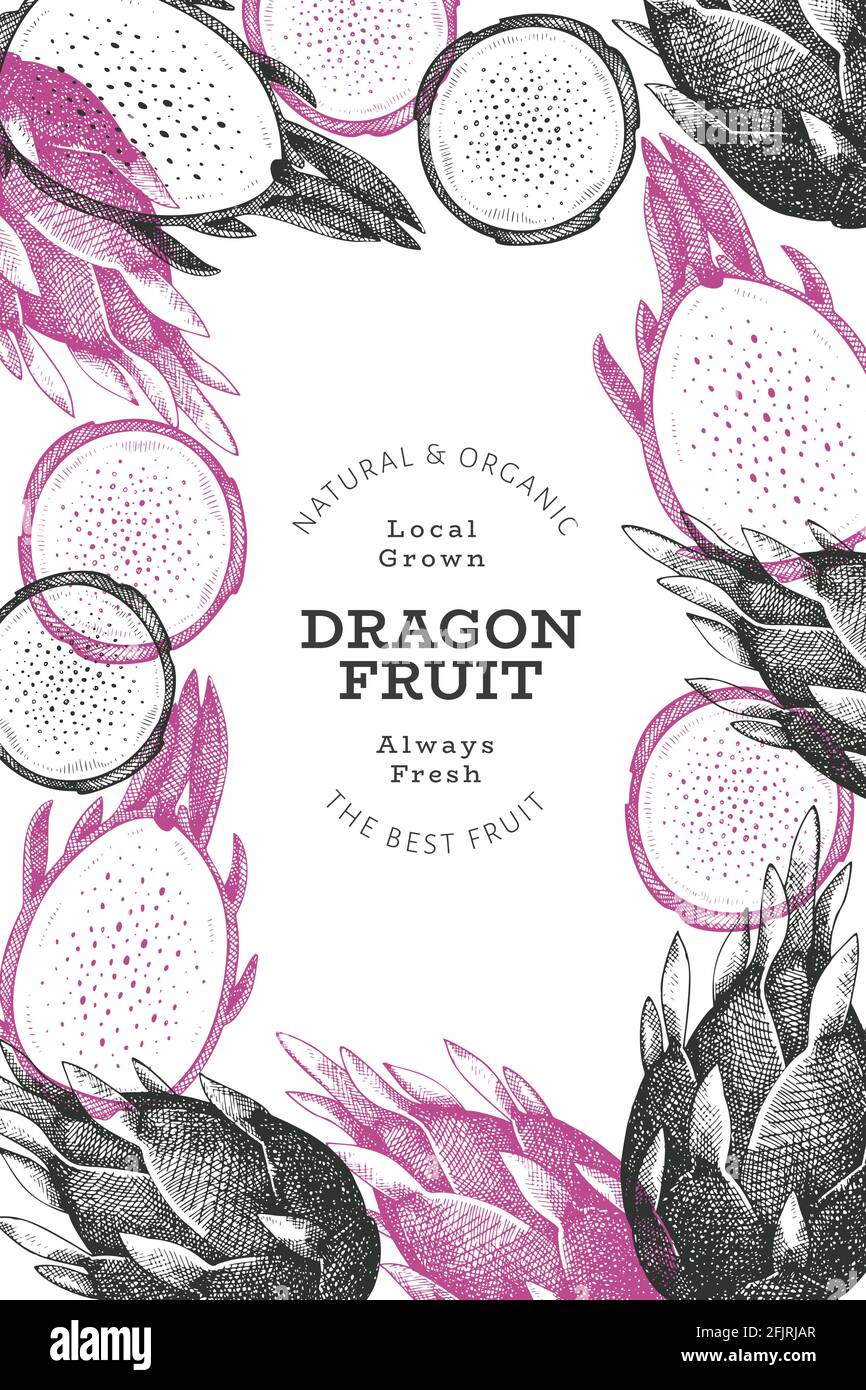 Hand drawn dragon fruit design template. Organic fresh food vector ...