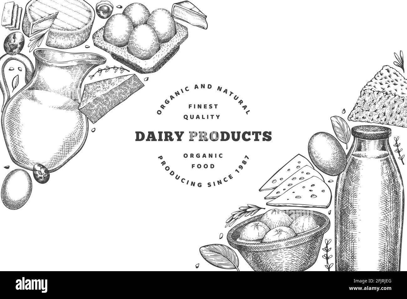 Farm food design template. Hand drawn vector dairy illustration ...