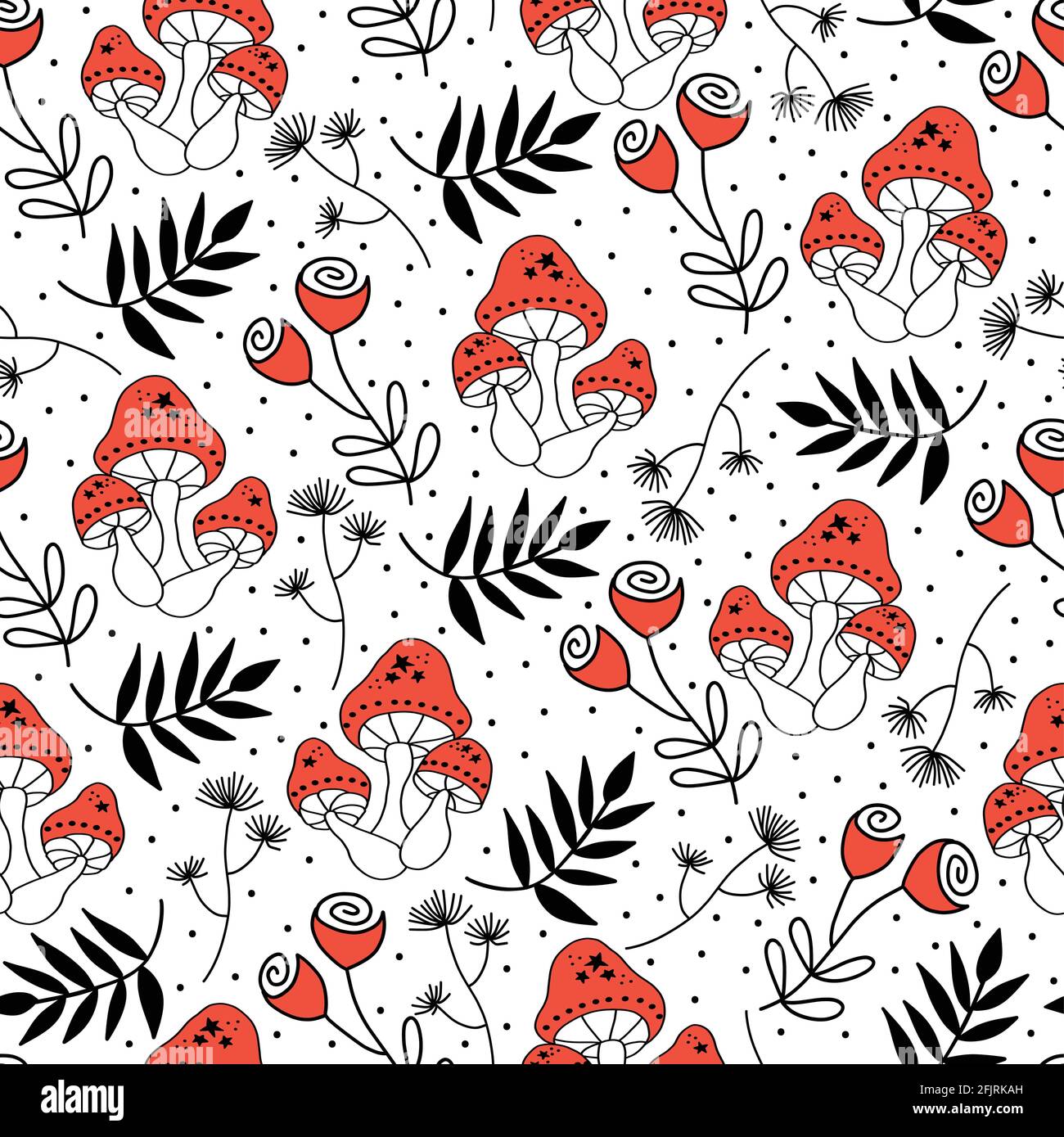 Mushroom fungi seamless vector repeat pattern. Line art mushrooms ...